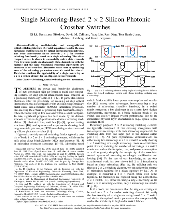 (PDF) Single Microring-Based 2x2 Silicon Photonic Crossbar Switches