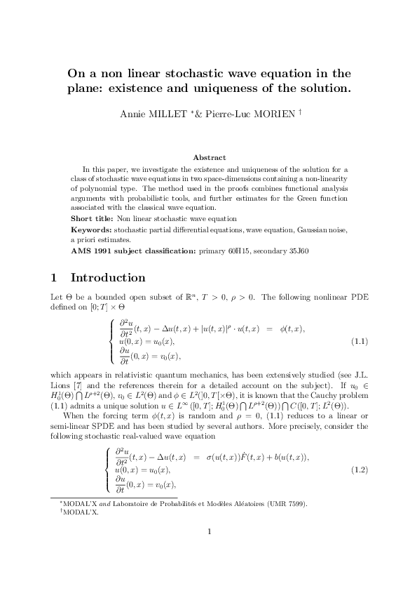 Pdf On A Non Linear Stochastic Wave Equation In The Plane Existence