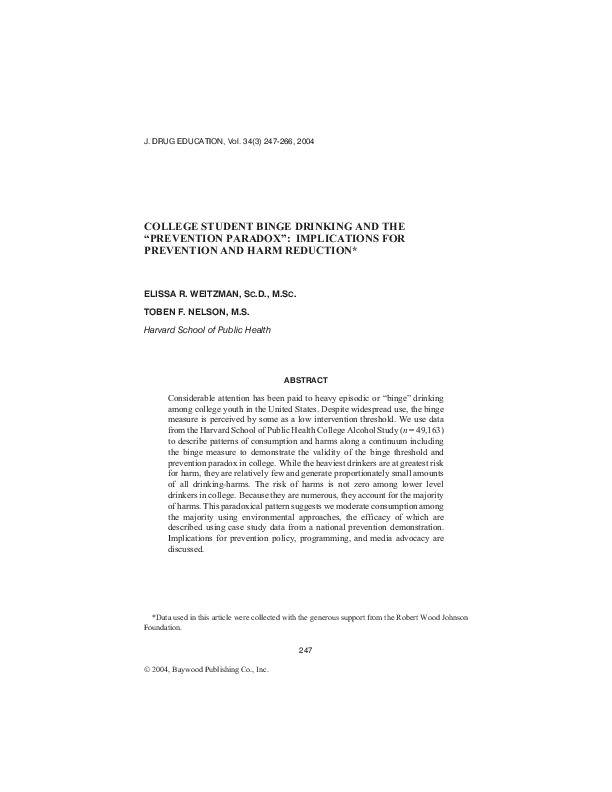 (PDF) COLLEGE STUDENT BINGE DRINKING AND THE "PREVENTION PARADOX ...