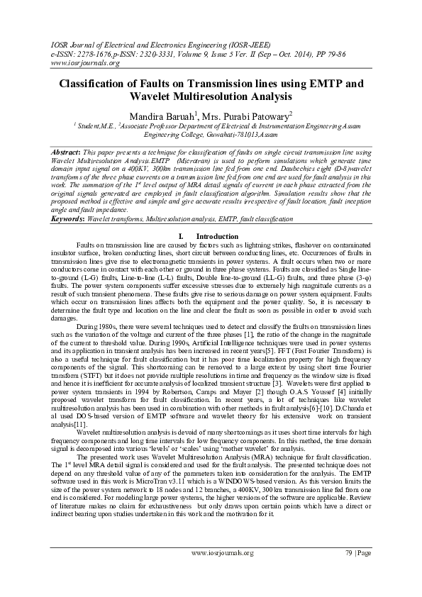 (PDF) Classification of Faults on Transmission lines using EMTP and Wavelet Multiresolution Analysis