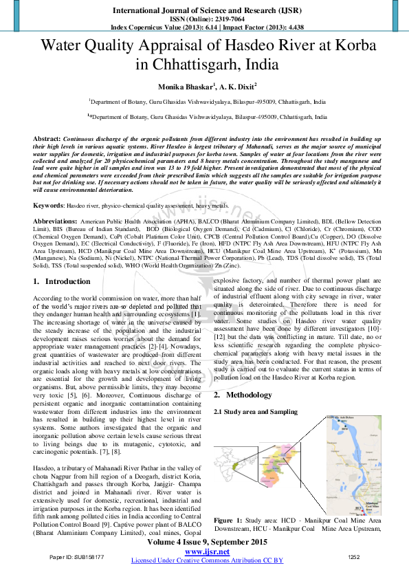 (PDF) Water Quality Appraisal of Hasdeo River at Korba in Chhattisgarh ...