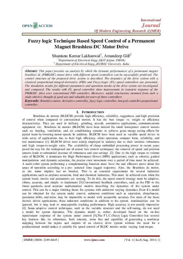 Pdf Fuzzy Logic Technique Based Speed Control Of A Permanent Magnet Brushless Dc Motor Drive 