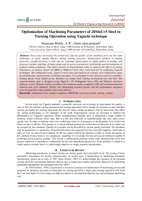 Pdf Optimization Of Machining Parameters Of 20mncr5 Steel In Turning Operation Using Taguchi