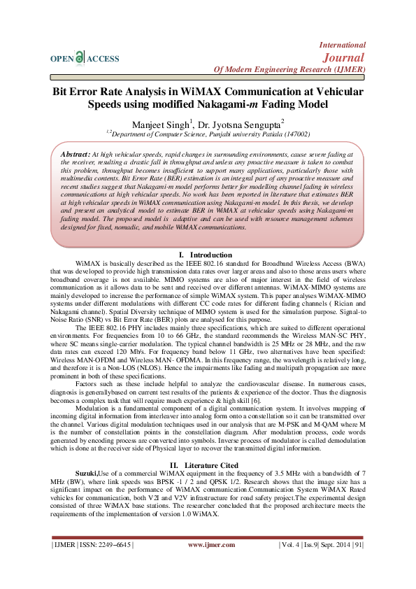 Pdf Bit Error Rate Analysis In Wimax Communication At Vehicular Speeds Using Modified Nakagami