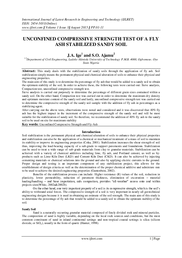 (PDF) UNCONFINED COMPRESSIVE STRENGTH TEST OF A FLY ASH STABILIZED ...