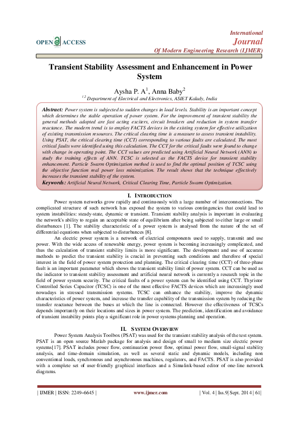 (PDF) Transient Stability Assessment and Enhancement in Power System