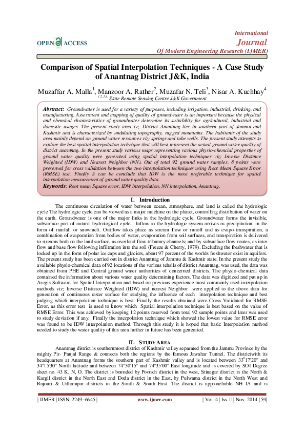 (PDF) Comparison of Spatial Interpolation Techniques - A Case Study of Anantnag District J&K, India