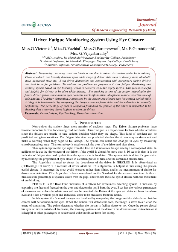 (PDF) Driver Fatigue Monitoring System Using Eye Closure