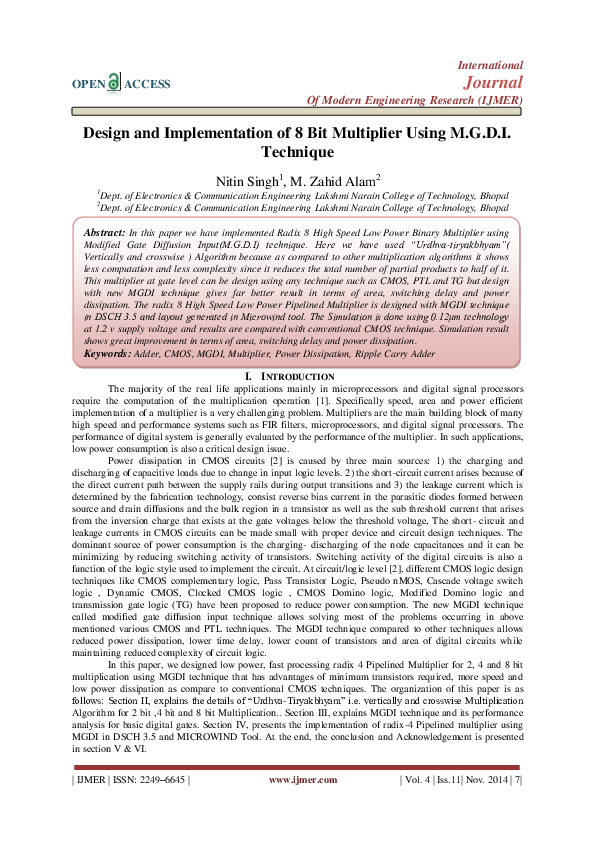 (PDF) Design and Implementation of 8 Bit Multiplier Using M.G.D.I. Technique