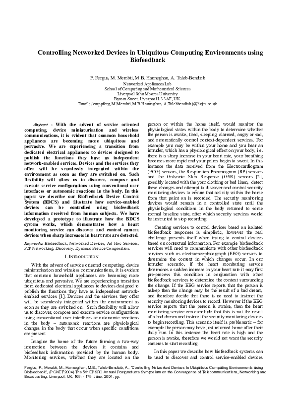 (PDF) Controlling Networked Devices in Ubiquitous Computing Environments using Biofeedback