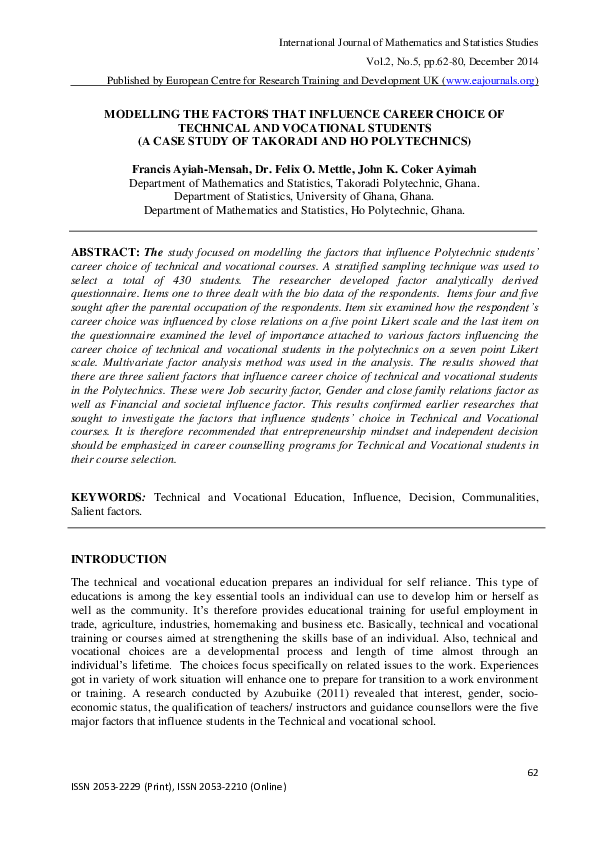 Modeling the Factors That Influence Career Choice of Technical and ...
