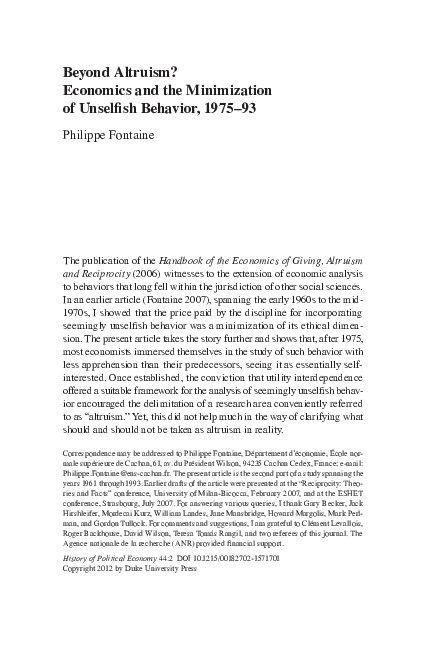 (PDF) Beyond Altruism? Economics and the Minimization of Unselfish ...