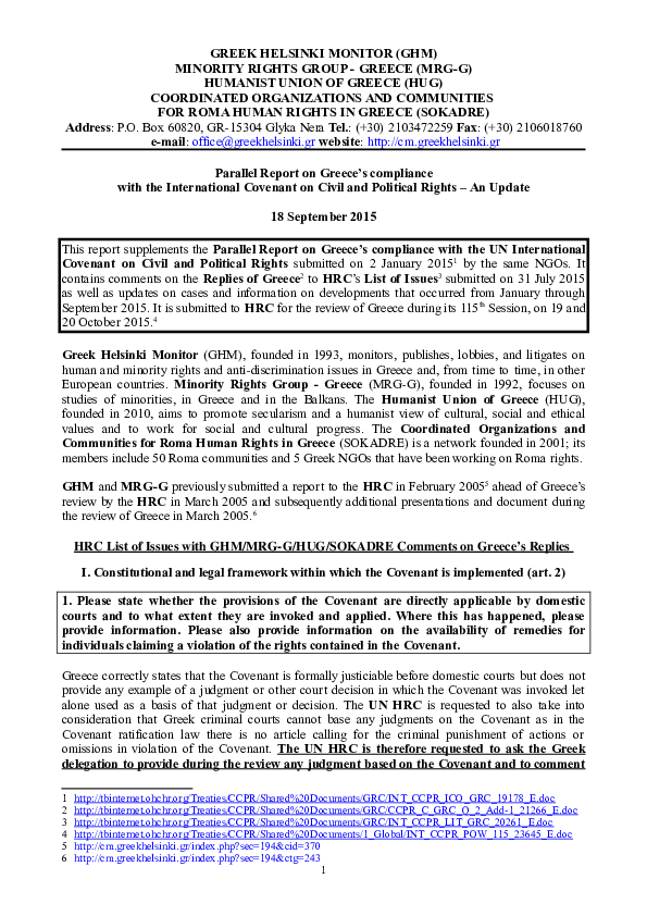 (DOC) Parallel Report on Greece’s compliance with the International ...