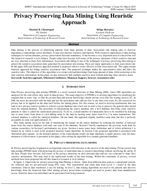 (PDF) Privacy Preserving Data Mining Using Heuristic Approach (PDF) Privacy Preserving Data Mining Using Heuristic Approach