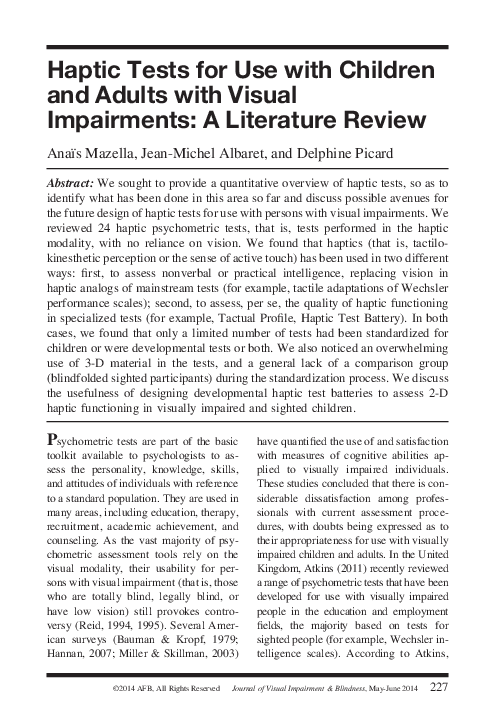 (PDF) Haptic tests for use with children and adults with visual ...