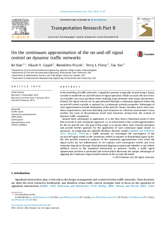 Pdf On The Continuum Approximation Of The On And Off Signal Control On Dynamic Traffic Networks