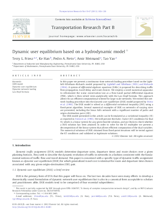 (PDF) Dynamic user equilibrium based on a hydrodynamic model | Amir Meimand, Ke Han, and Terry L ...