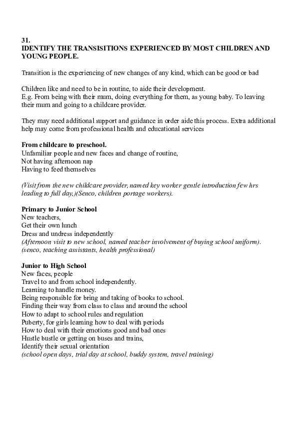 (DOC) 31. IDENTIFY THE TRANSISITIONS EXPERIENCED BY MOST CHILDREN AND ...