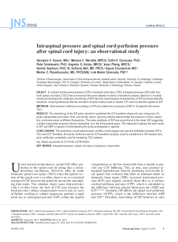 (PDF) Intraspinal pressure and spinal cord perfusion pressure after spinal cord injury: an ...