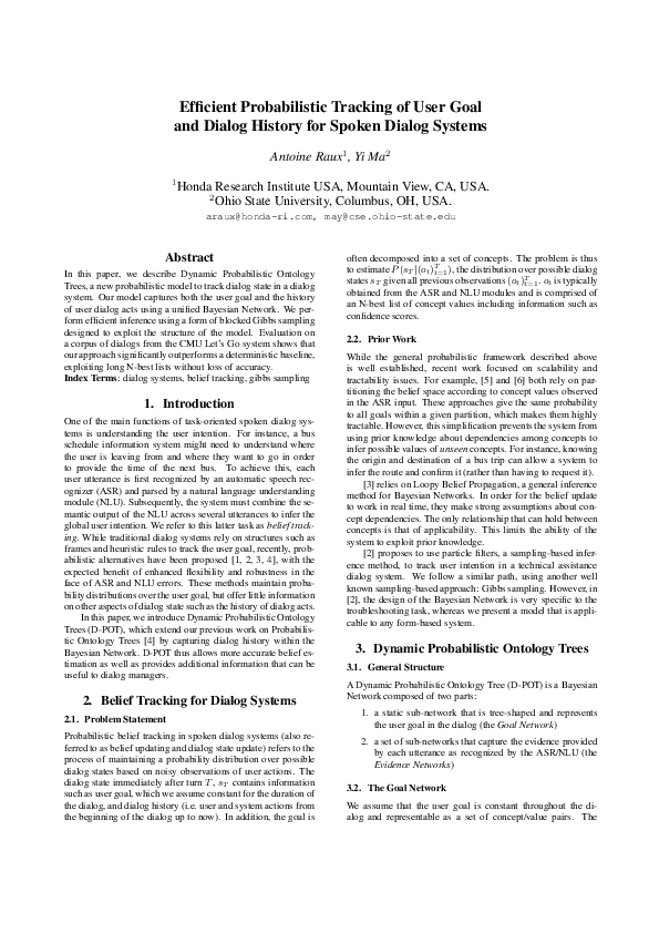 (PDF) Efficient Probabilistic Tracking of User Goal and Dialog History for Spoken Dialog Systems
