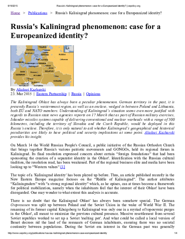 (PDF) Russia's Kaliningrad phenomenon: case for a Europeanized identity?