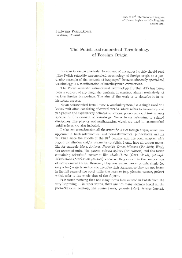 (PDF) The Polish Astronomical Terminology of Foreign Origin