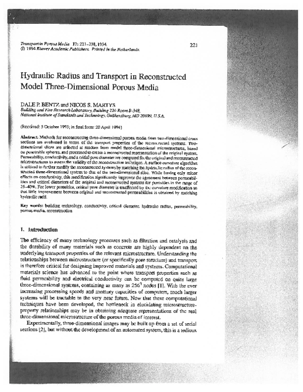 Pdf Hydraulic Radius And Transport In Reconstructed Model Three Dimensional Porous Media