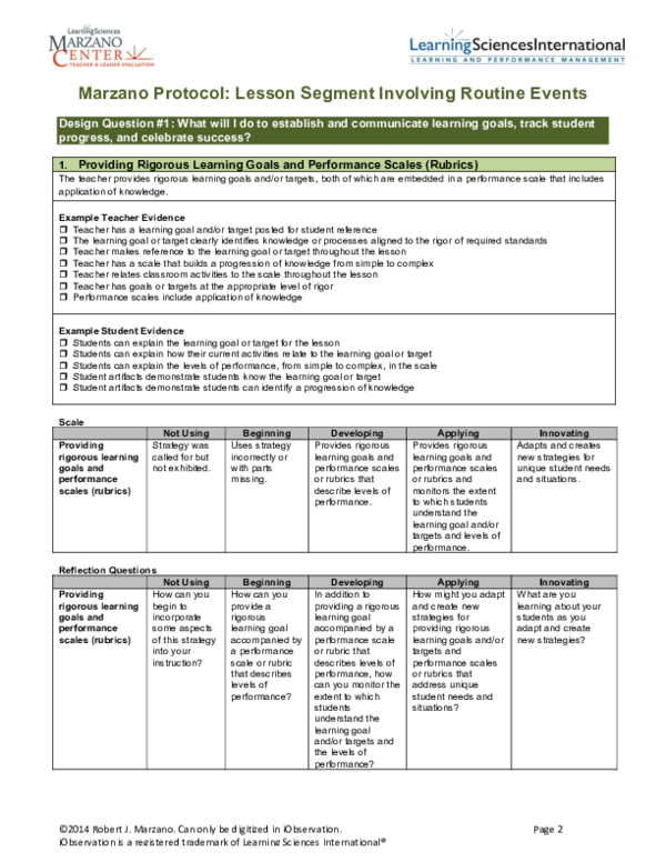 (PDF) Marzano Protocol: Lesson Segment Involving Routine Events