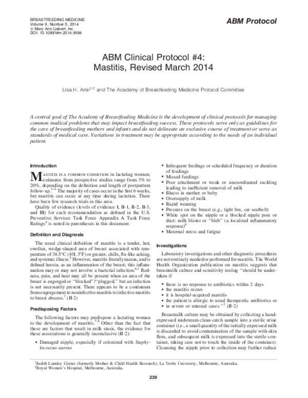 (PDF) ABM clinical protocol #4: Mastitis, revised March 2014