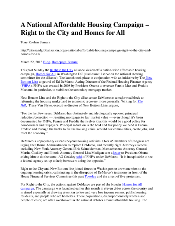 (PDF) A National Affordable Housing Campaign – Right to the City and ...