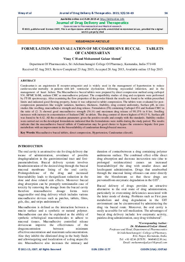 Pdf Formulation And Evaluation Of Mucoadhesive Buccal Tablets Of Candesartan