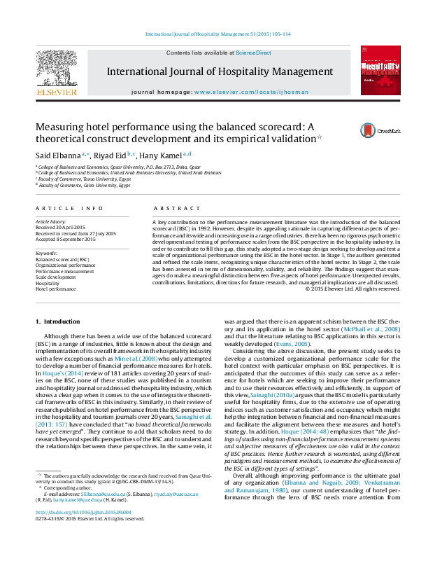 (PDF) Measuring hotel performance using the balanced scorecard: A ...