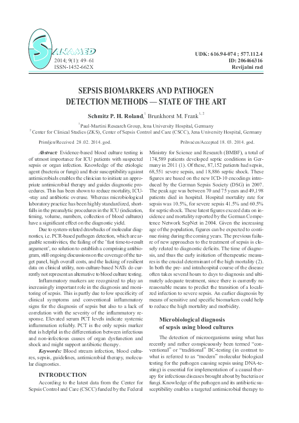 Sepsis Biomarkers And Pathogen Detection Methods State Of The Art