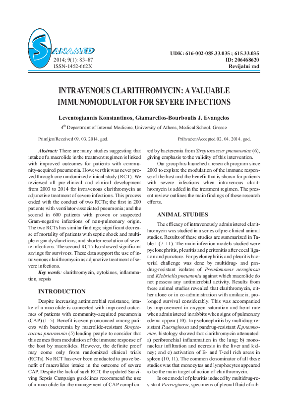 Intravenous clarithromycin: A valuable immunomodulator for severe ...