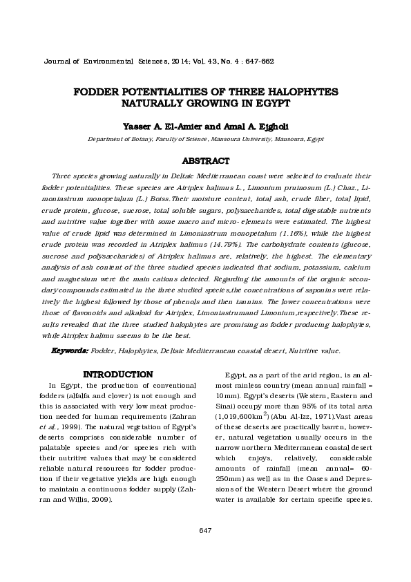 (PDF) FODDER POTENTIALITIES OF THREE HALOPHYTES NATURALLY GROWING IN EGYPT