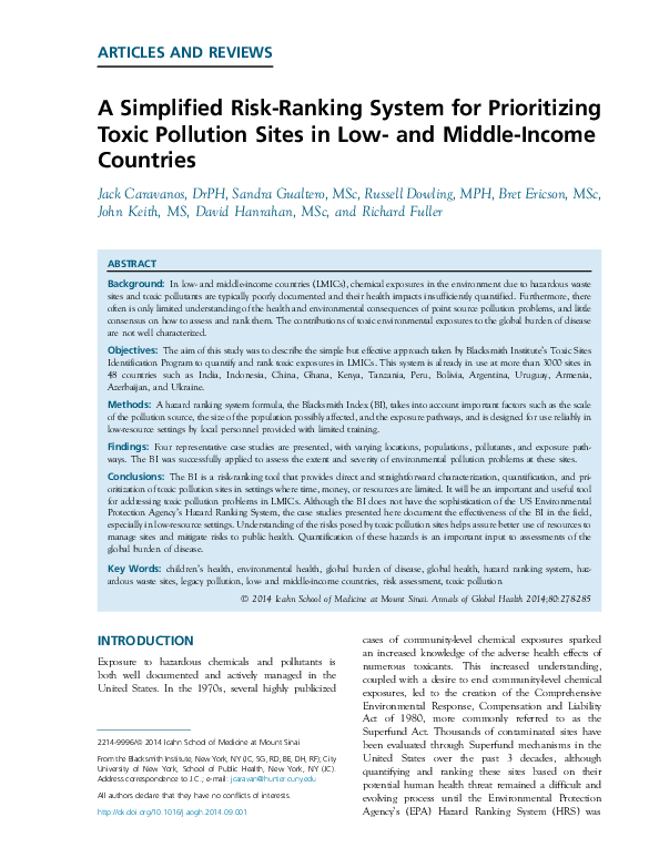 (PDF) A Simplified Risk-Ranking System for Prioritizing Toxic Pollution ...