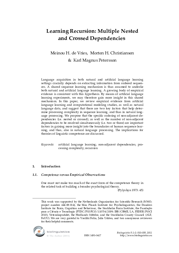 (PDF) Learning Recursion: Multiple Nested and Crossed Dependencies
