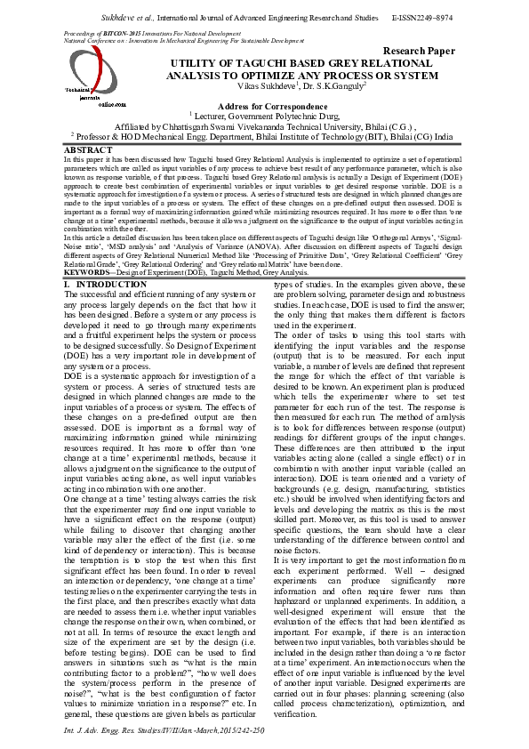 Pdf Research Paper Utility Of Taguchi Based Grey Relational Analysis