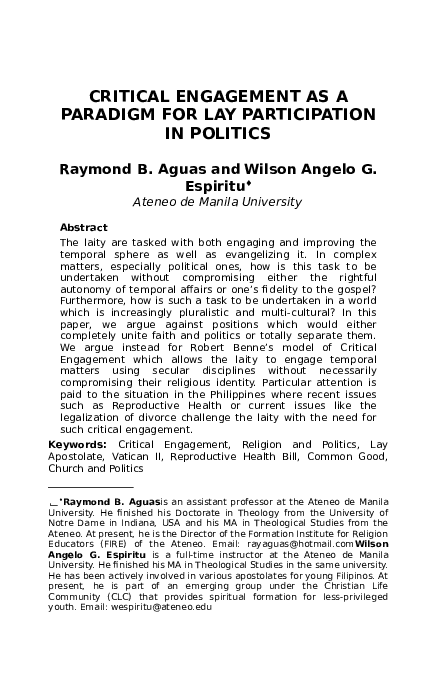 (DOC) Critical Engagement as A Paradigm for Lay Participation in Politics