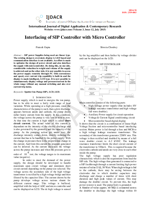 Pdf Interfacing Of Sip Controller With Micro Controller