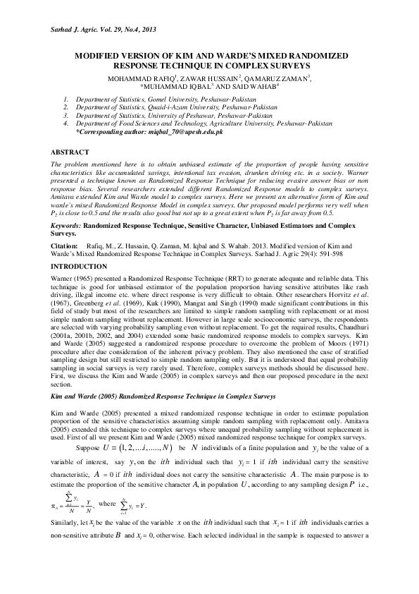 (PDF) MODIFIED VERSION OF KIM AND WARDE'S MIXED RANDOMIZED RESPONSE TECHNIQUE IN COMPLEX SURVEYS