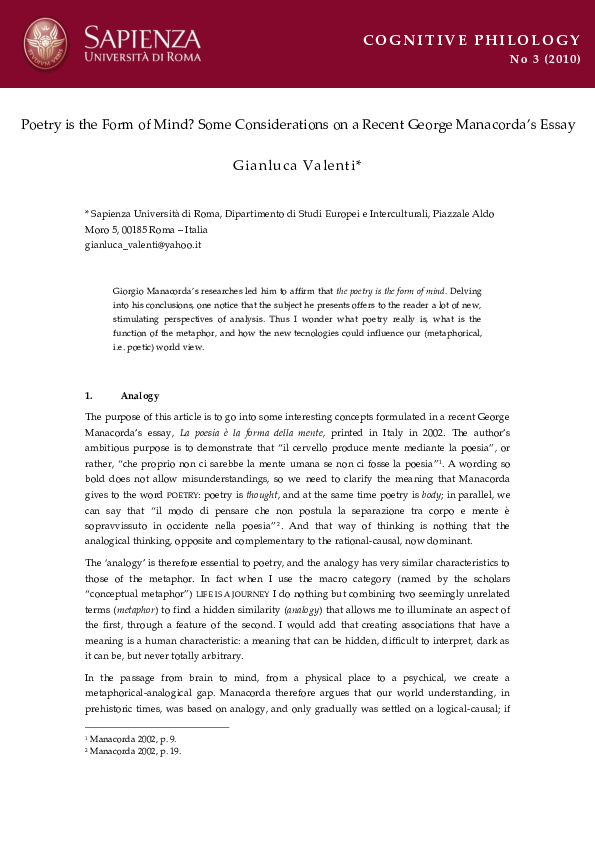 (PDF) Poetry is the Form of Mind? Some Considerations on a Recent ...