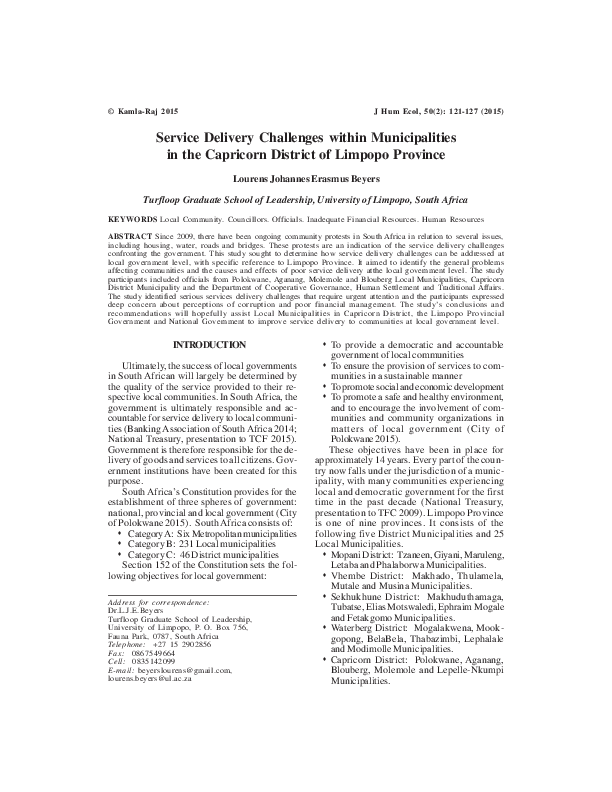 (PDF) Service Delivery Challenges within Municipalities Limpopo Province