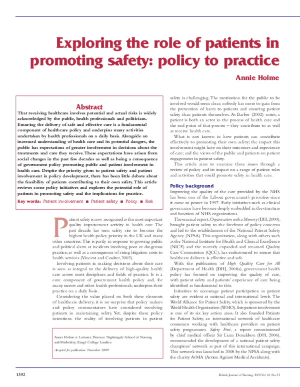 (PDF) Exploring the role of patients in promoting safety: policy to ...