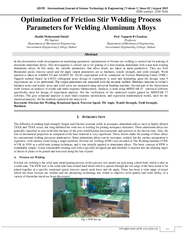 Pdf Optimization Of Friction Stir Welding Process Parameters For
