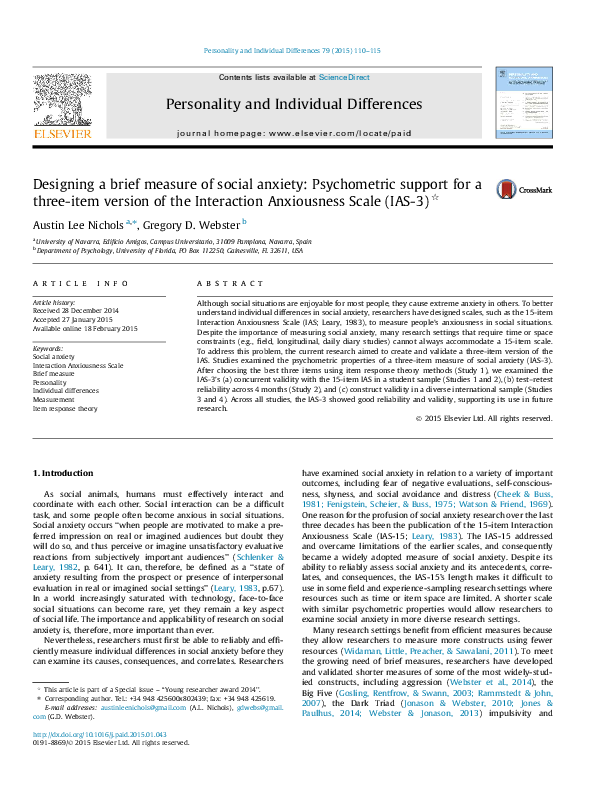 (PDF) Designing a Brief Measure of Social Anxiety: Psychometric Support ...
