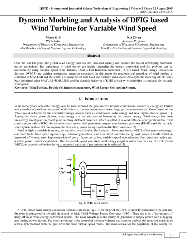 Pdf Dynamic Modeling And Analysis Of Dfig Based Wind Turbine For Variable Wind Speed