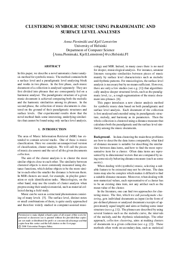 (PDF) CLUSTERING SYMBOLIC MUSIC USING PARADIGMATIC AND SURFACE LEVEL ...