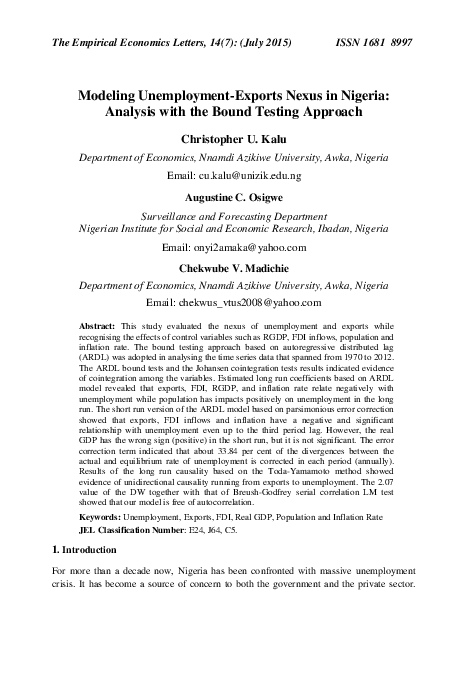 Pdf Modeling Unemployment Exports Nexus In Nigeria Analysis With The Bound Testing Approach