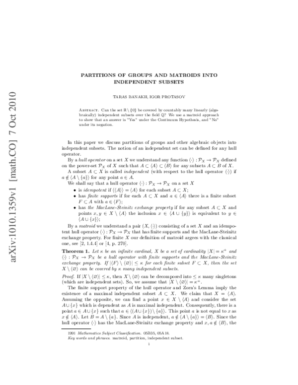 (PDF) Partitions of groups and matroids into independent subsets | Igor ...